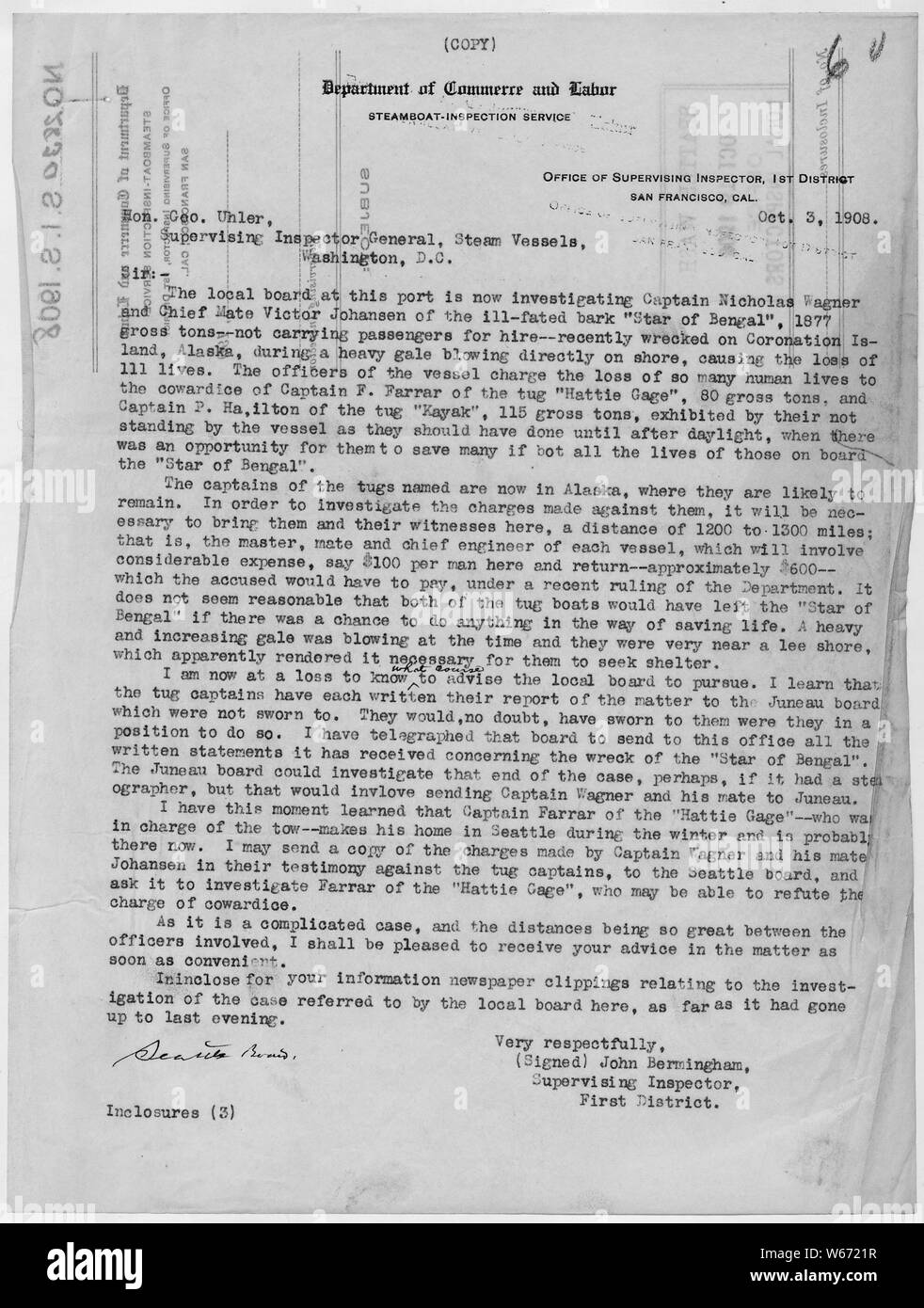 Letter regarding the whereabouts of tugboat captains accused of not ...