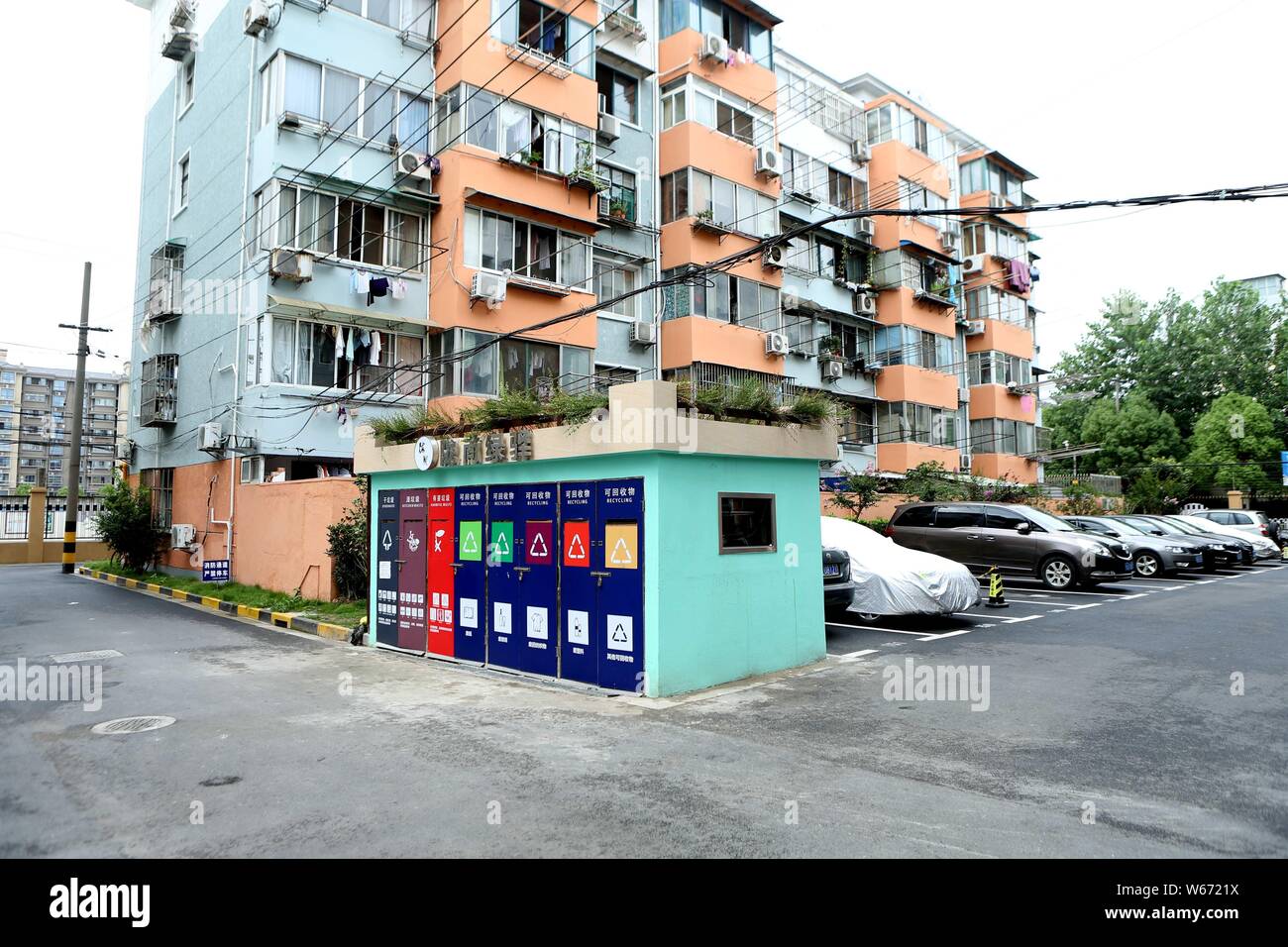 View of a smart bin deployed to meet the new garbage sorting standards ...