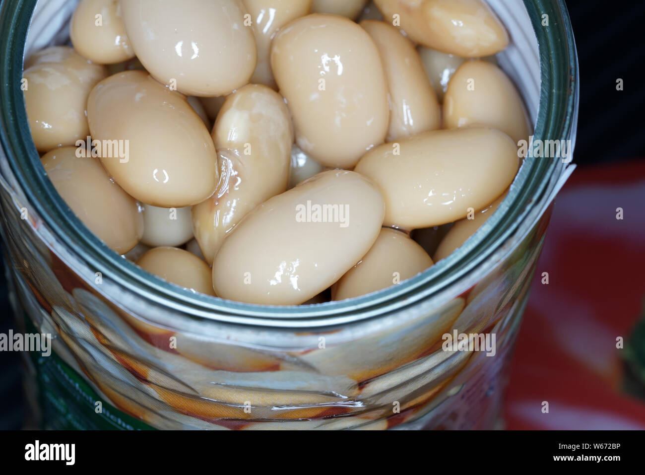 Canned white giant beans cooked in a pan with macro lens photographed ...