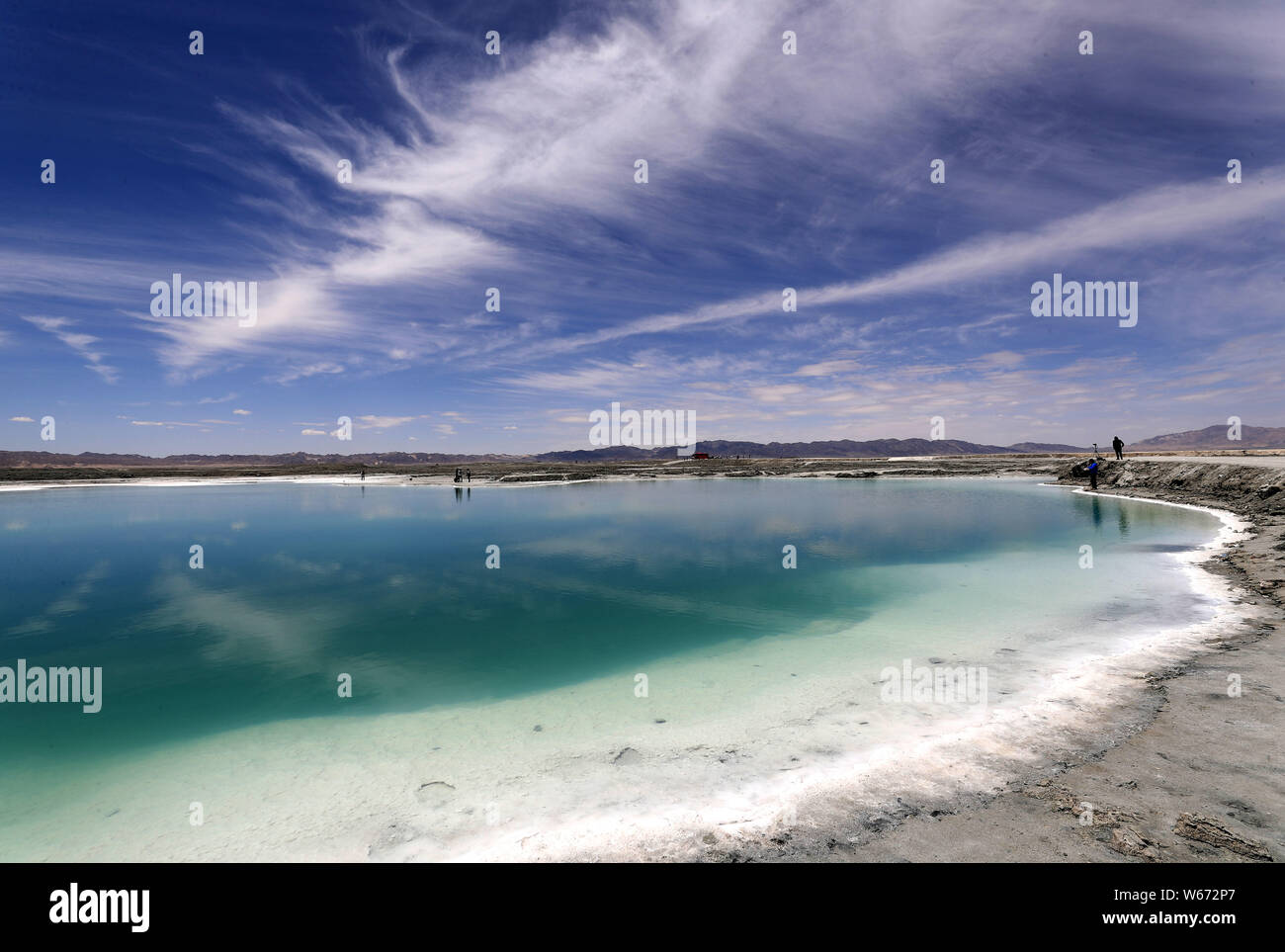 Aerial view of the Da Qaidam salt lake featuring the shape of emeralds ...