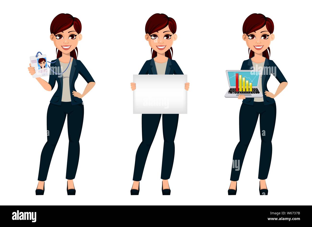 Young beautiful business woman, set of three poses. Cute female cartoon ...