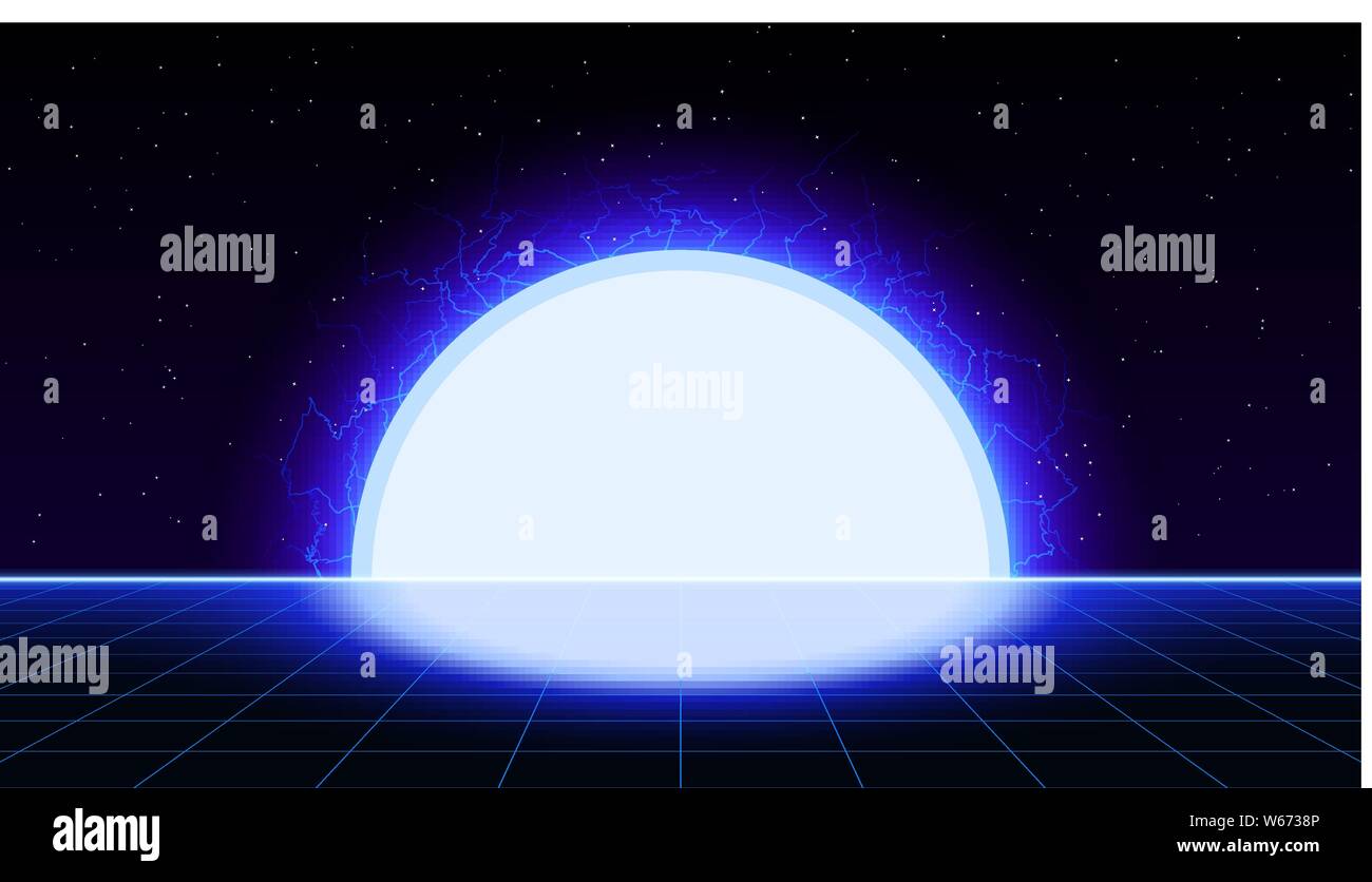 Retrowave synthwave vaporwave blue laser grid landscape with big ...