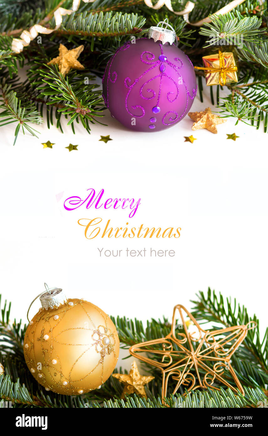 Golden and purple Christmas ornaments border on white background Stock ...