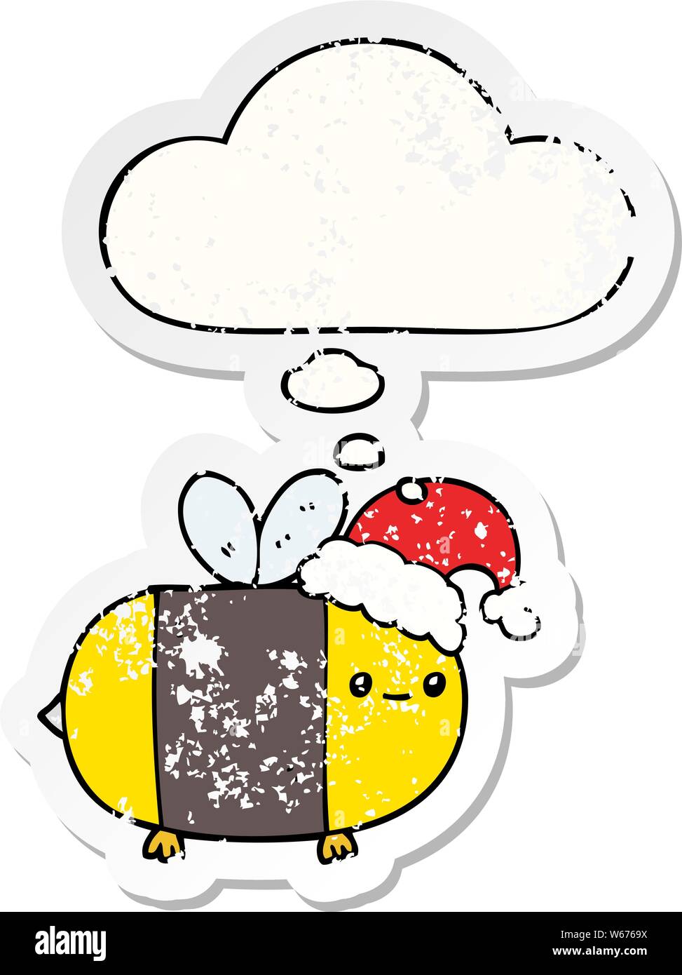 cartoon christmas bee with thought bubble as a distressed worn sticker ...