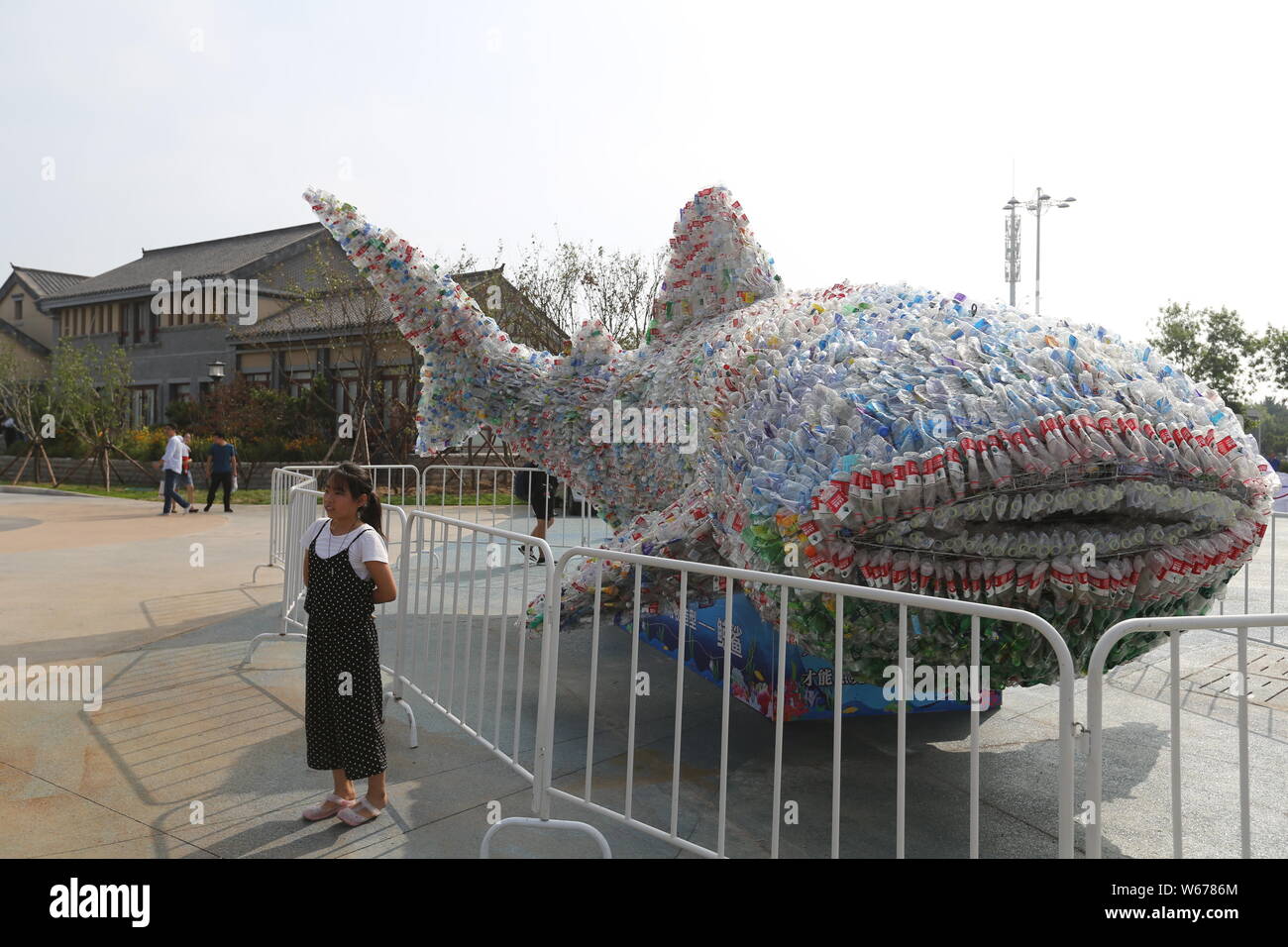 View of a "whale shark" made of waste plastic bottles to raise ...