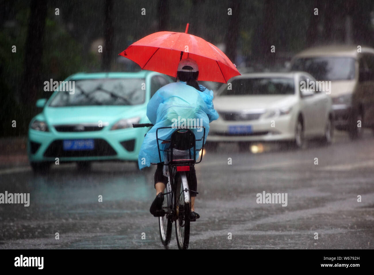 A cyclist braves heavy downpour caused by Typhoon Ampil, the tenth ...