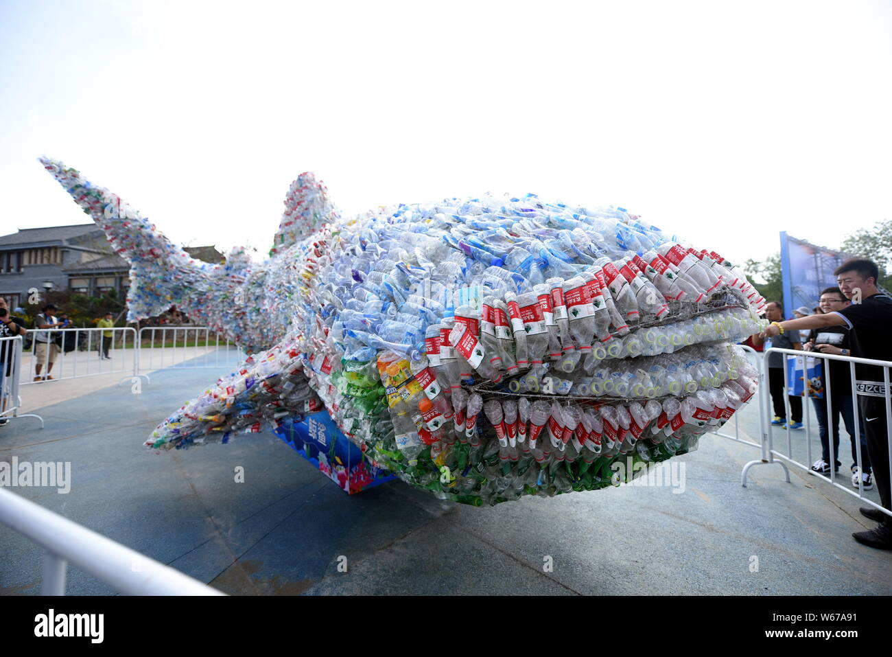 View of a "whale shark" made of waste plastic bottles to raise ...