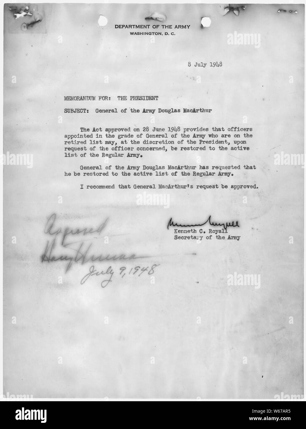 Memorandum from Kenneth C. Royall, Secretary of the Army, informing ...