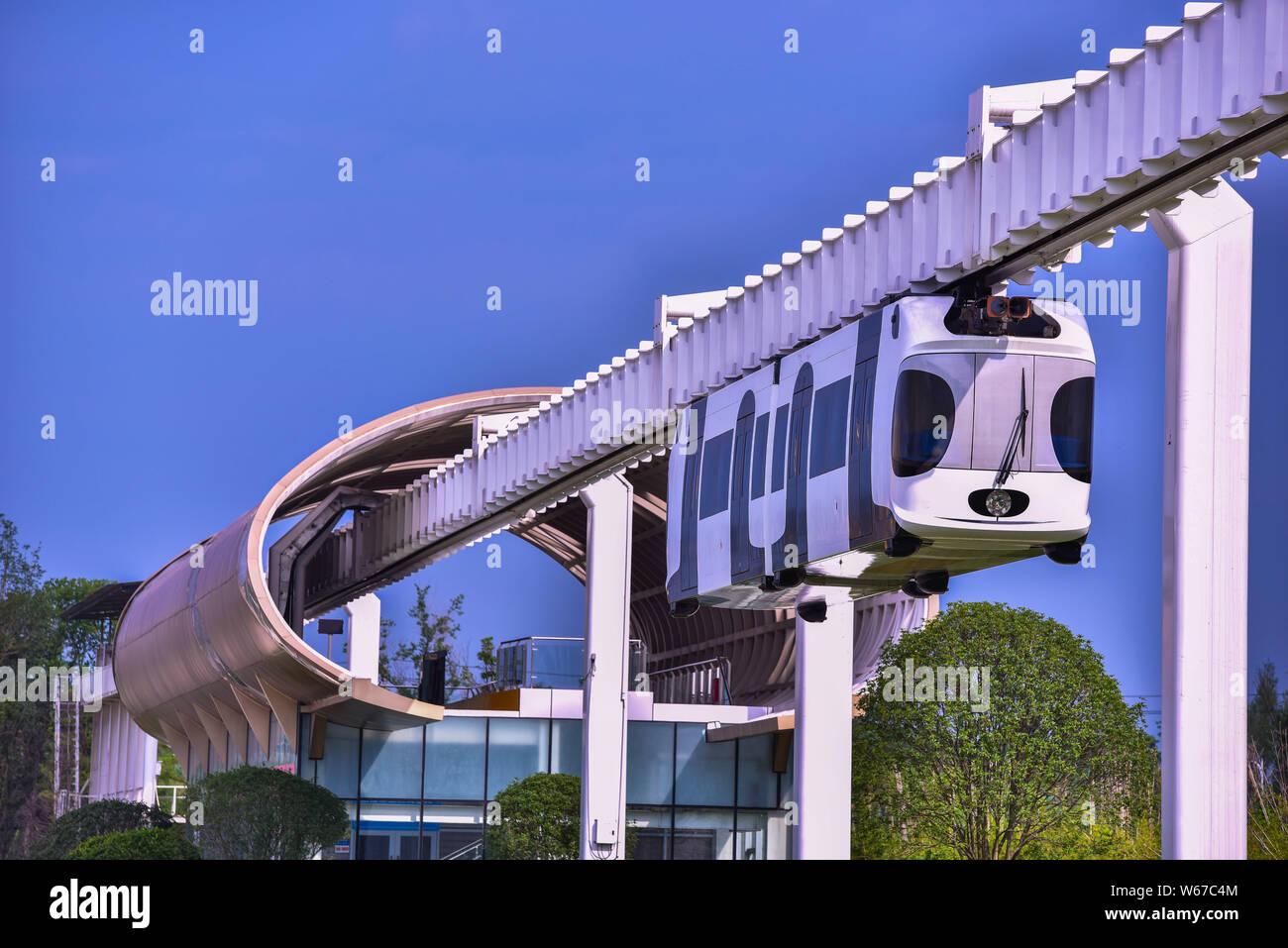 An elevated new energy monorail suspended "Sky Train" decorated to ...