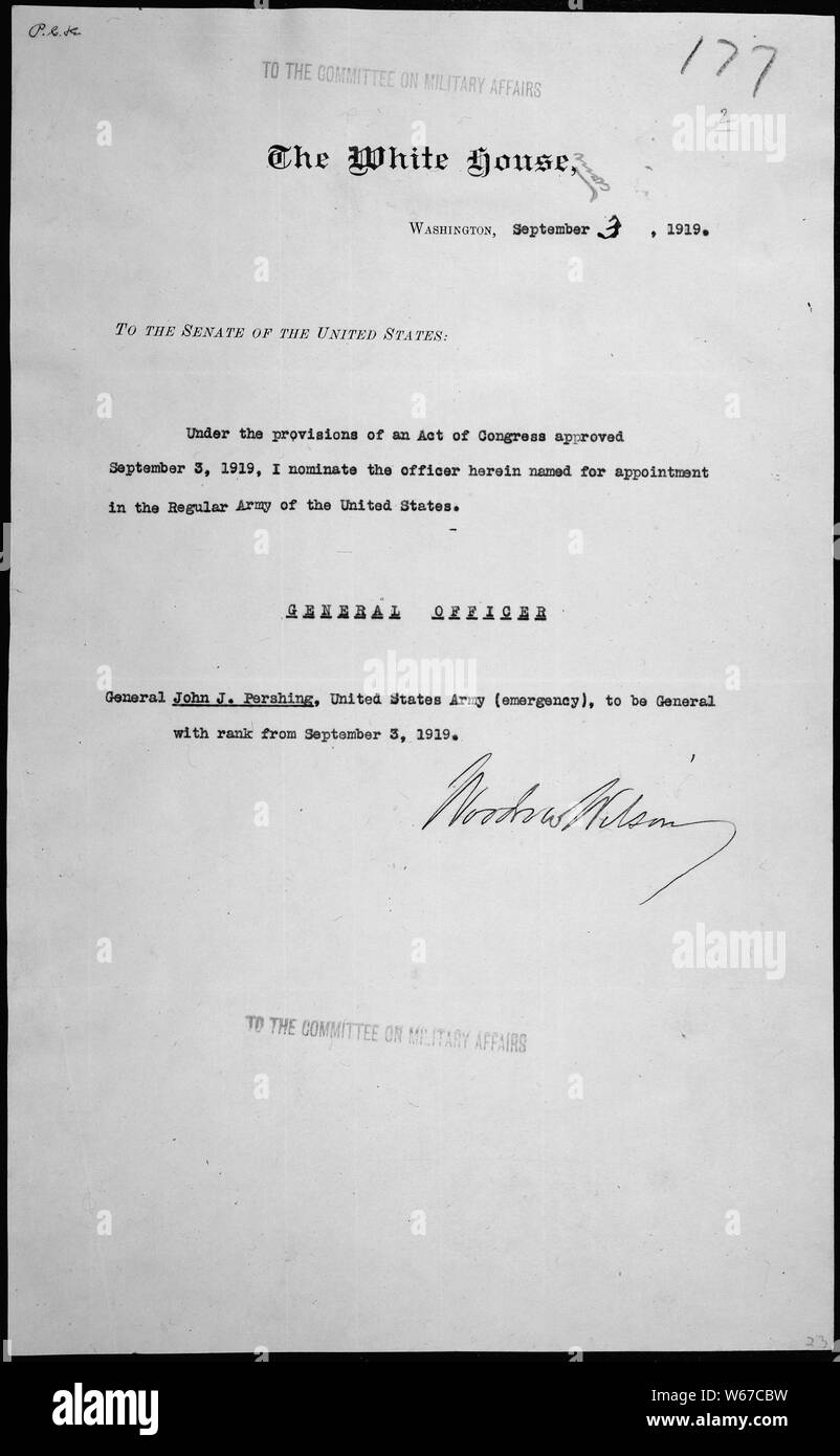 Message Of President Woodrow Wilson Nominating John J Pershing To Be