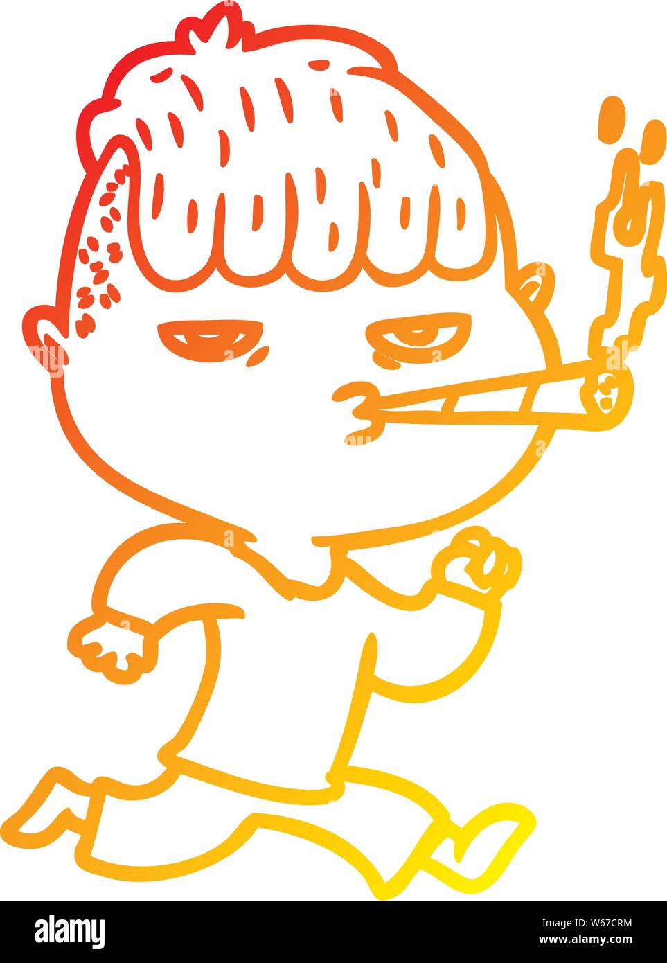 warm gradient line drawing of a cartoon man smoking whilst running ...