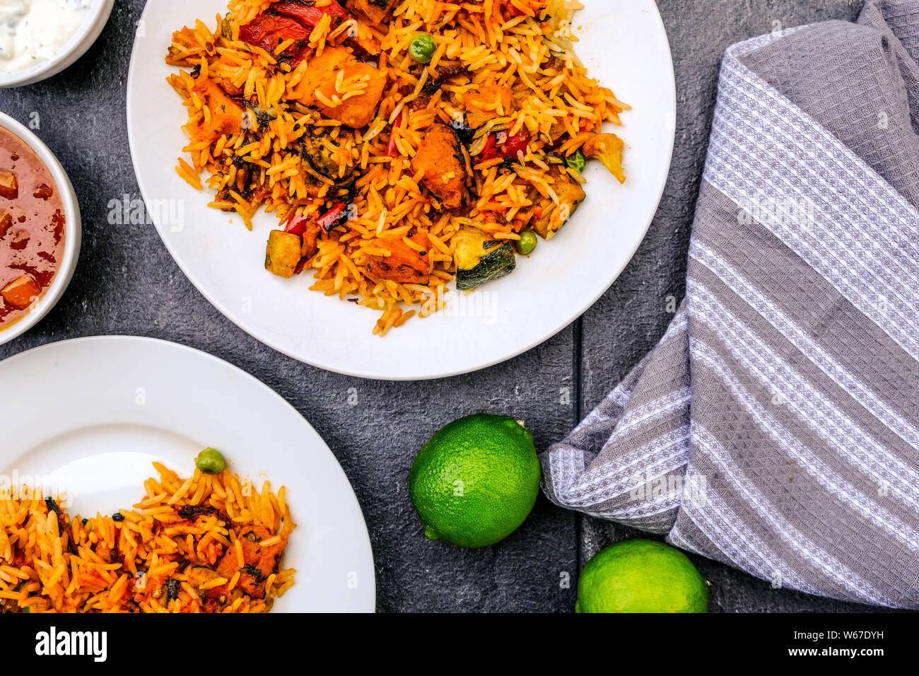 Vegetarian Vegetable Biryani Indian Curry With Mango Chutney and ...
