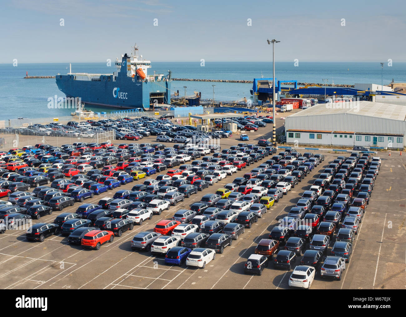 Ramsgate, UK - July 26 2019. A cargo ship bringing new cars into ...