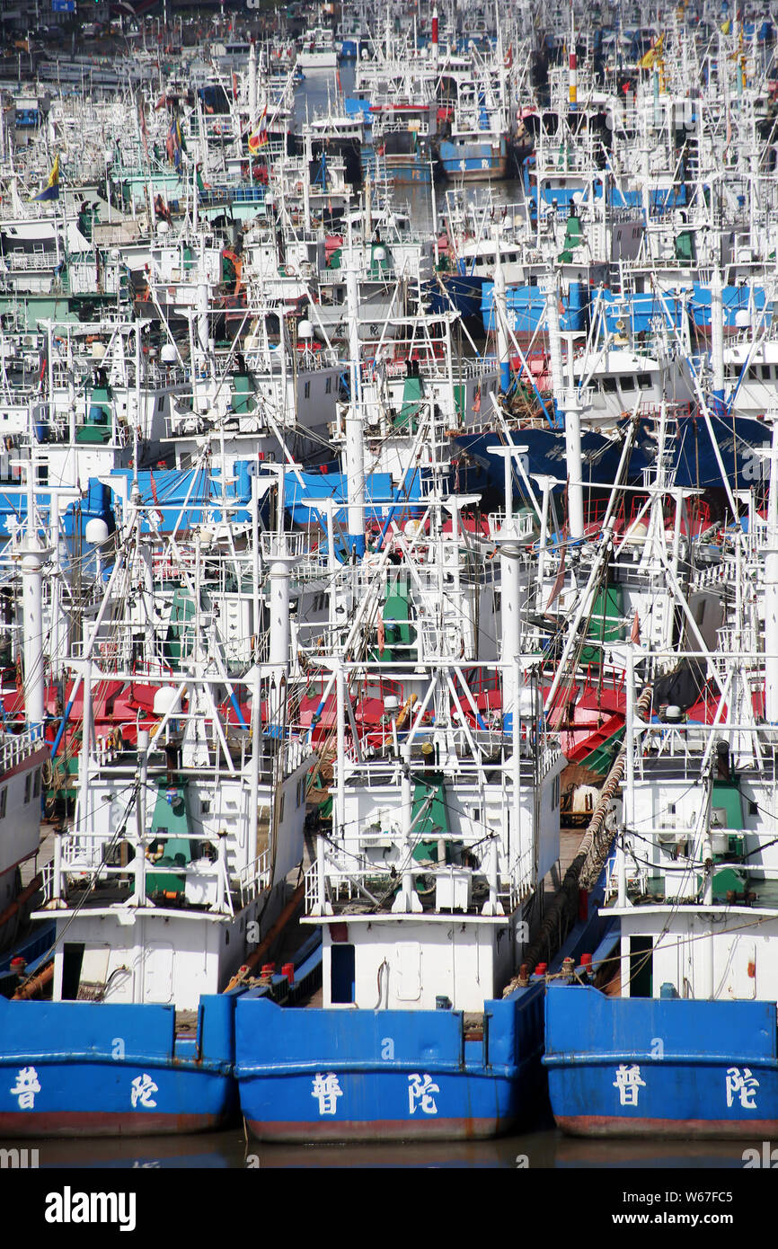 Fishing boats are docked at a harbor in preparation for Typhoon Maria ...
