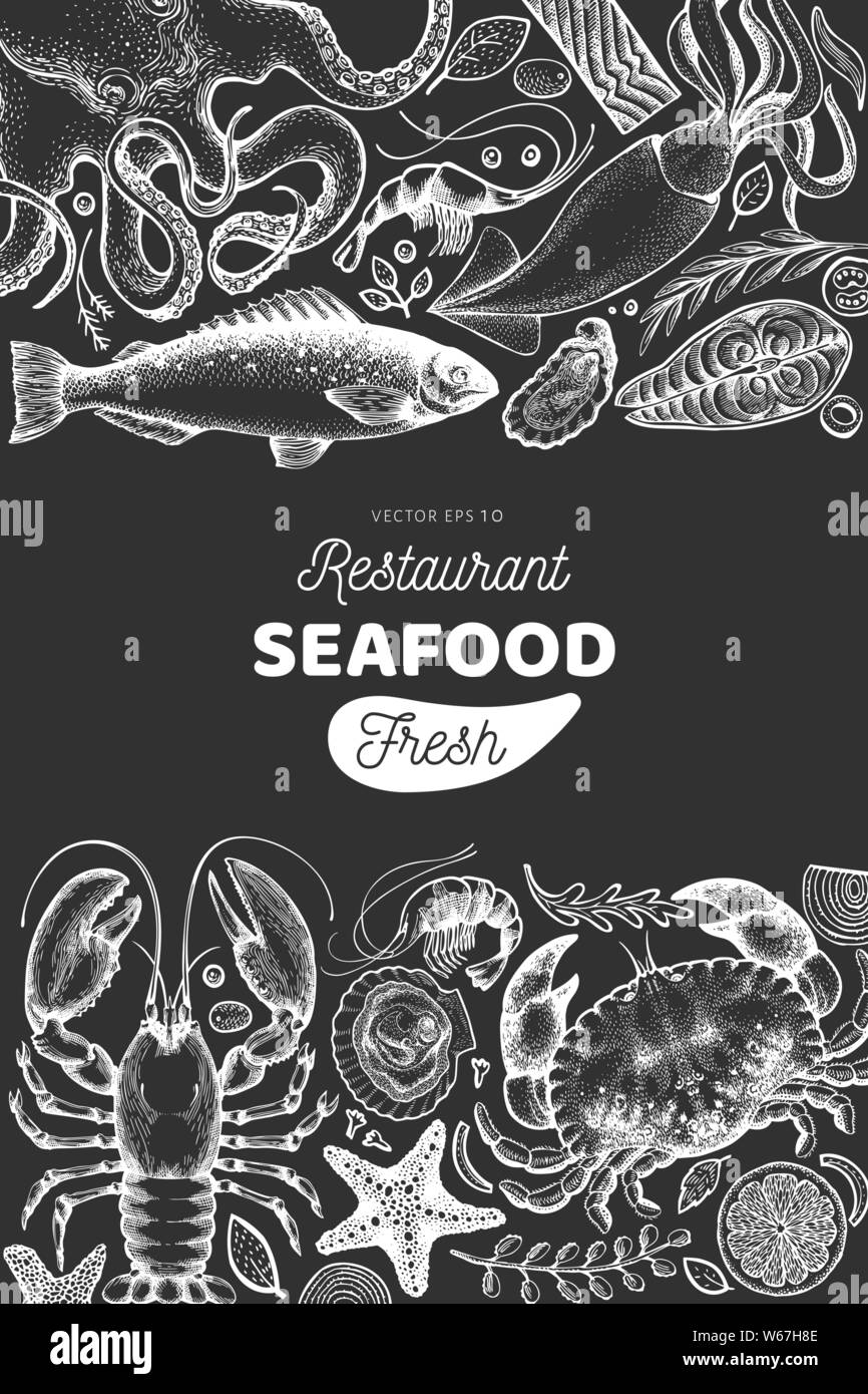 Seafood and fish design template. Hand drawn vector illustration on ...