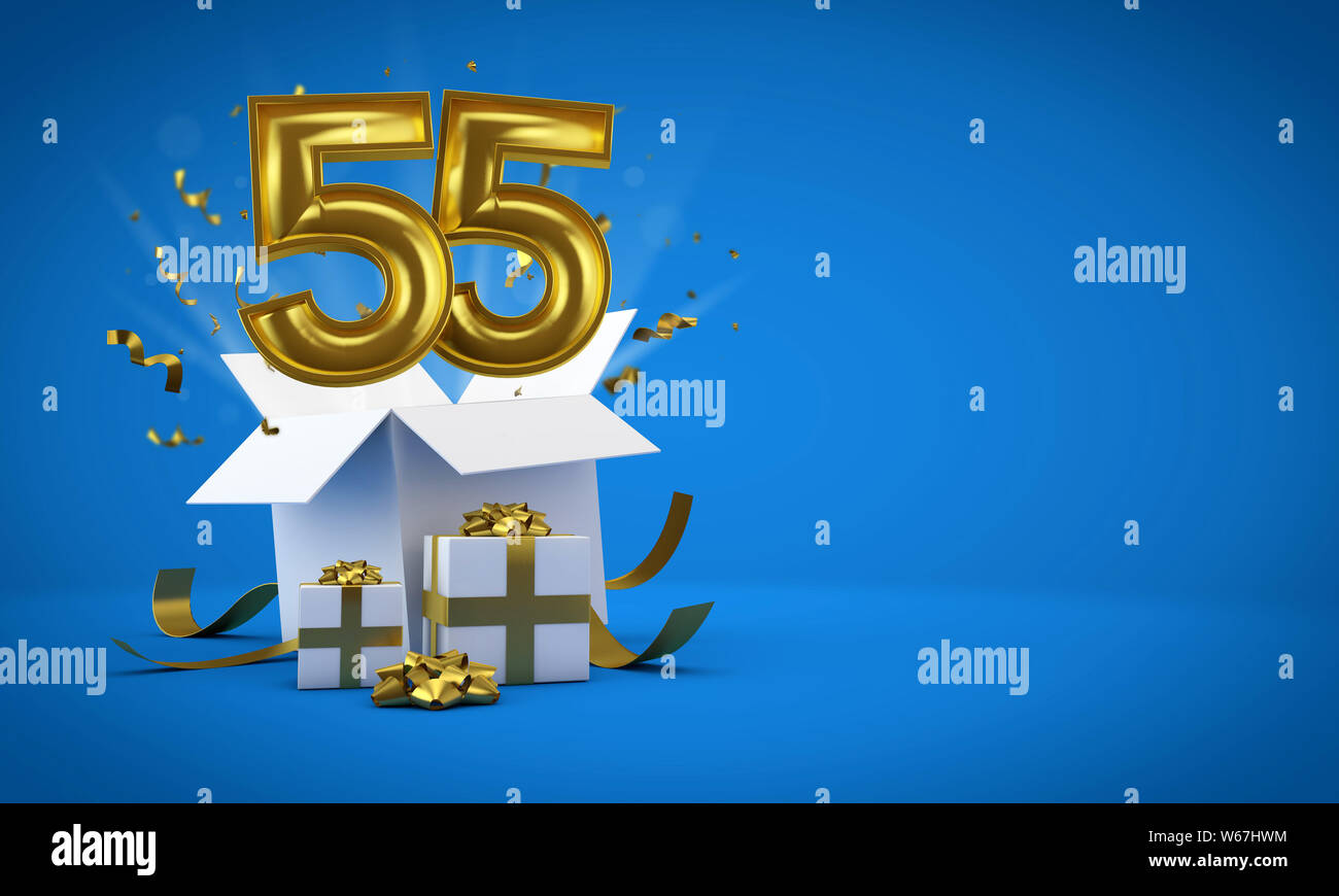 Number 55 exploding from a birthday present gift box. 3D Render Stock ...