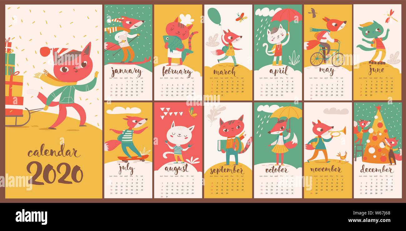 Kids style cartoon vector 2020 calendar with funny foxes and cats. Best ...