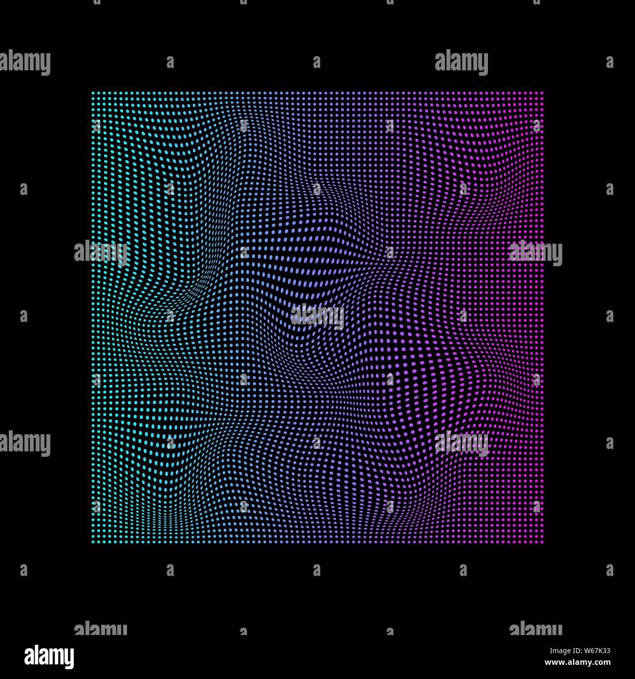 Glitched square of particles in neon vivid colors on black background ...