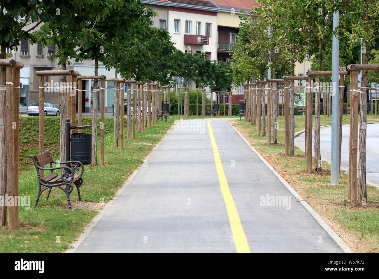 Paved sidewalk with bicycle track surrounded with wooden park benches ...