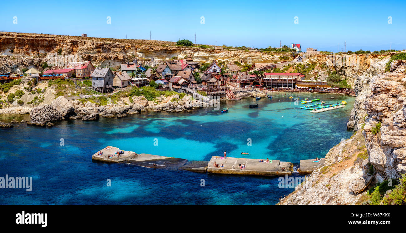 Popeye Village, Malta - July 19, 2019. Aerial panorama of Popeye ...