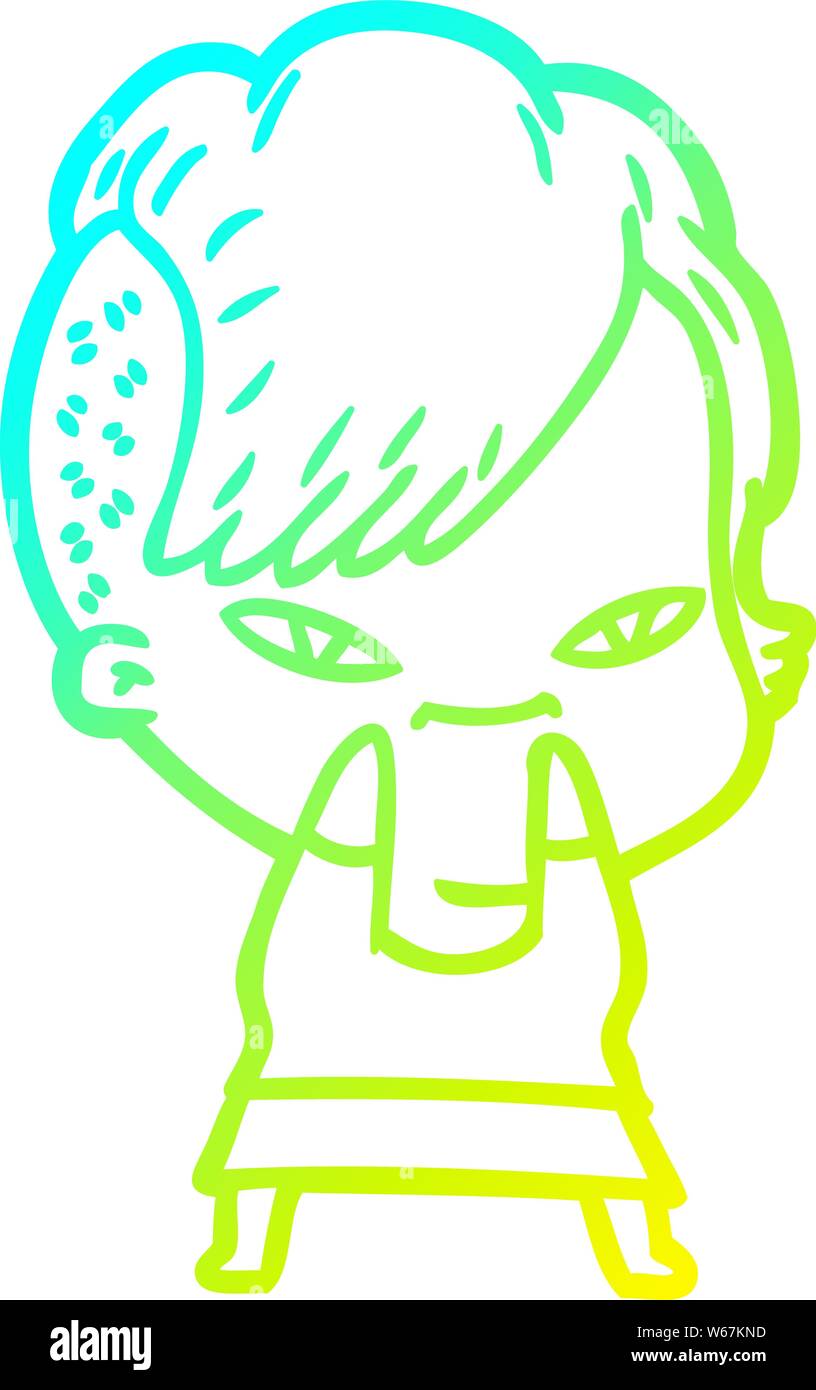 cold gradient line drawing of a cute cartoon girl with hipster haircut ...