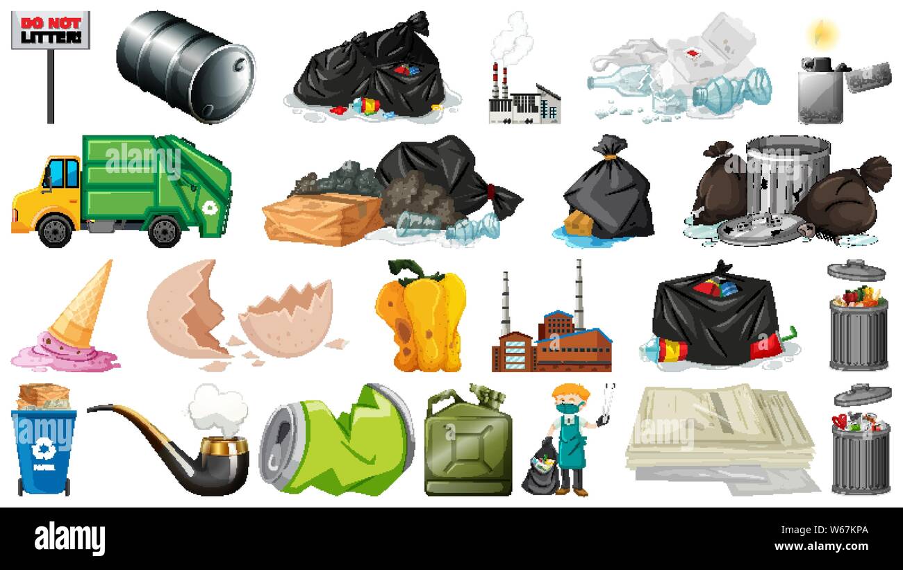 Pollution, litter, rubbish and trash objects isolated illustration ...