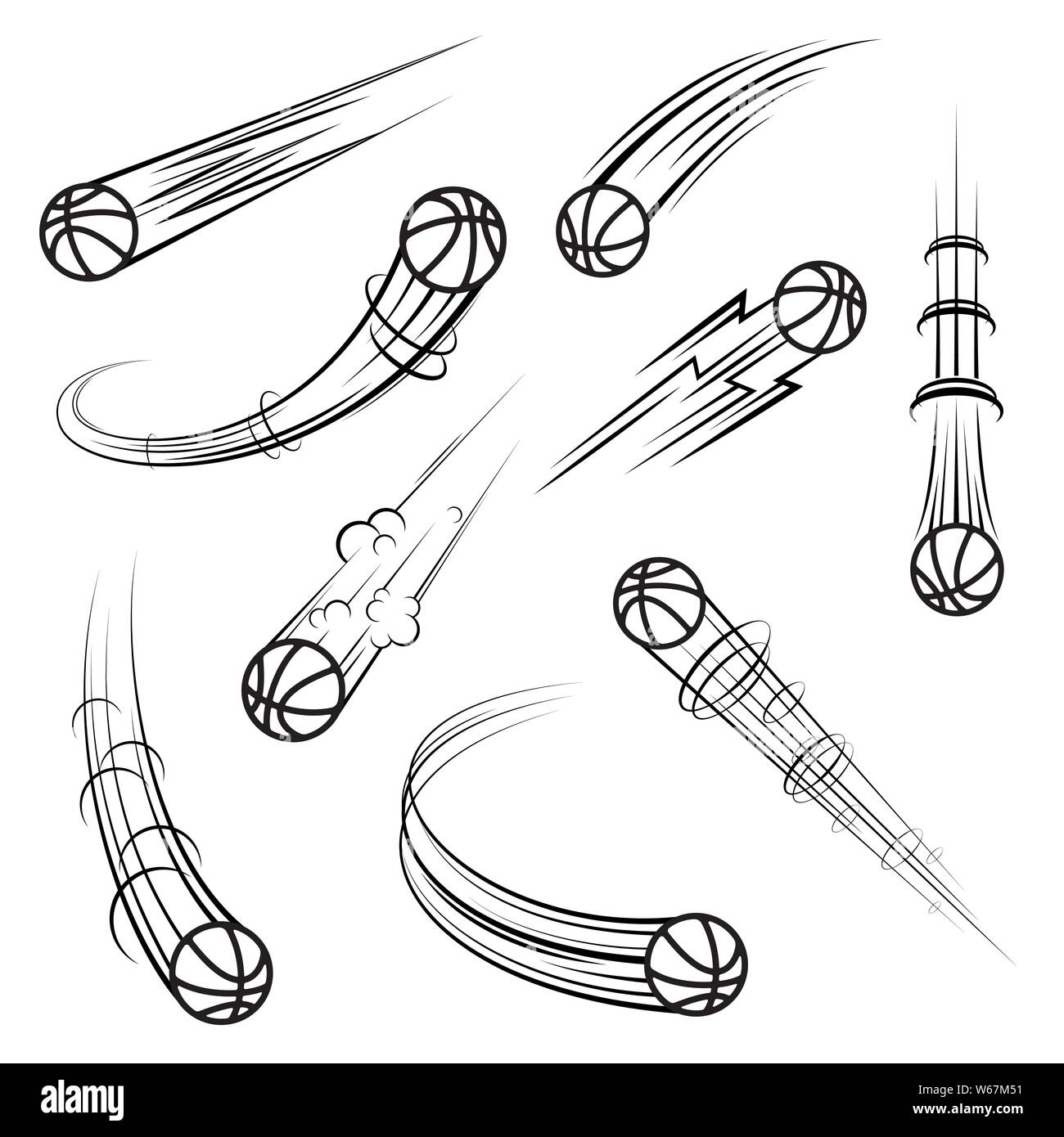 Set of black outline basket ball movement symbols isolated on white ...