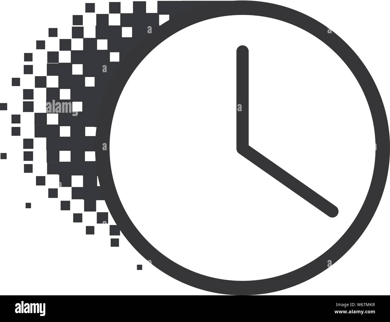 Vector clock icon in dissolved, dotted halftone. Disappearing effect ...