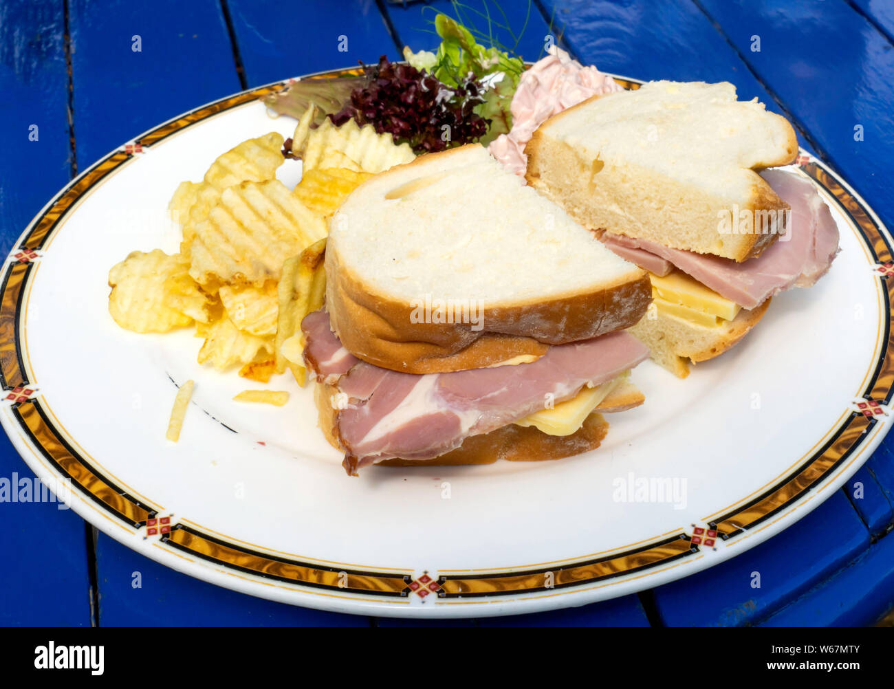 Pub lunch Roast Ham and Cheddar Cheese sandwich on thick fresh white ...