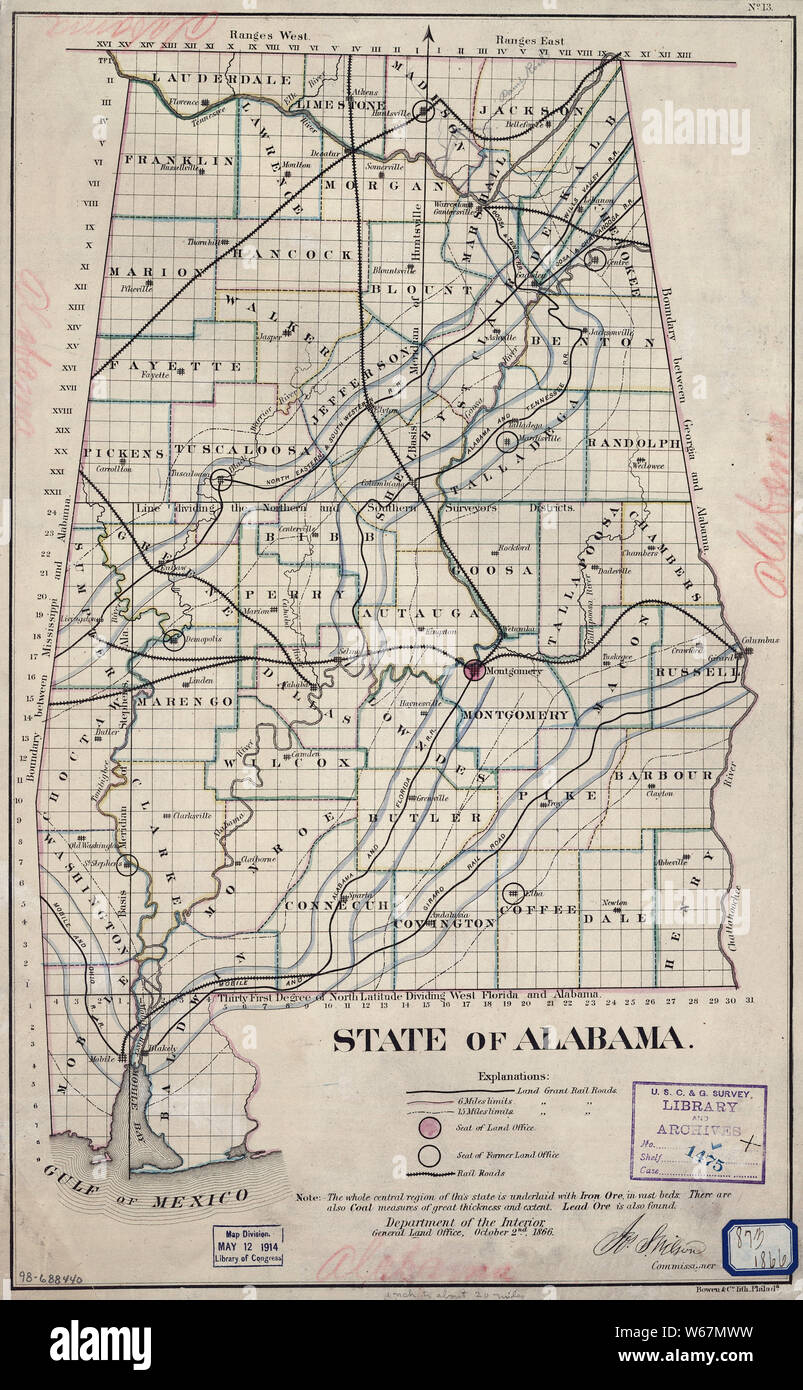 0085 Railroad Maps State of Alabama October 2nd 1866 Rebuild and Repair ...