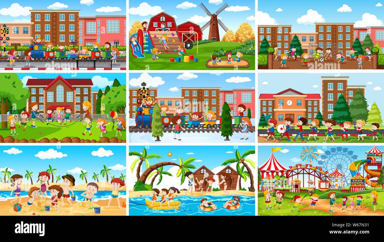 Set of scenes in nature setting illustration Stock Vector Image & Art ...