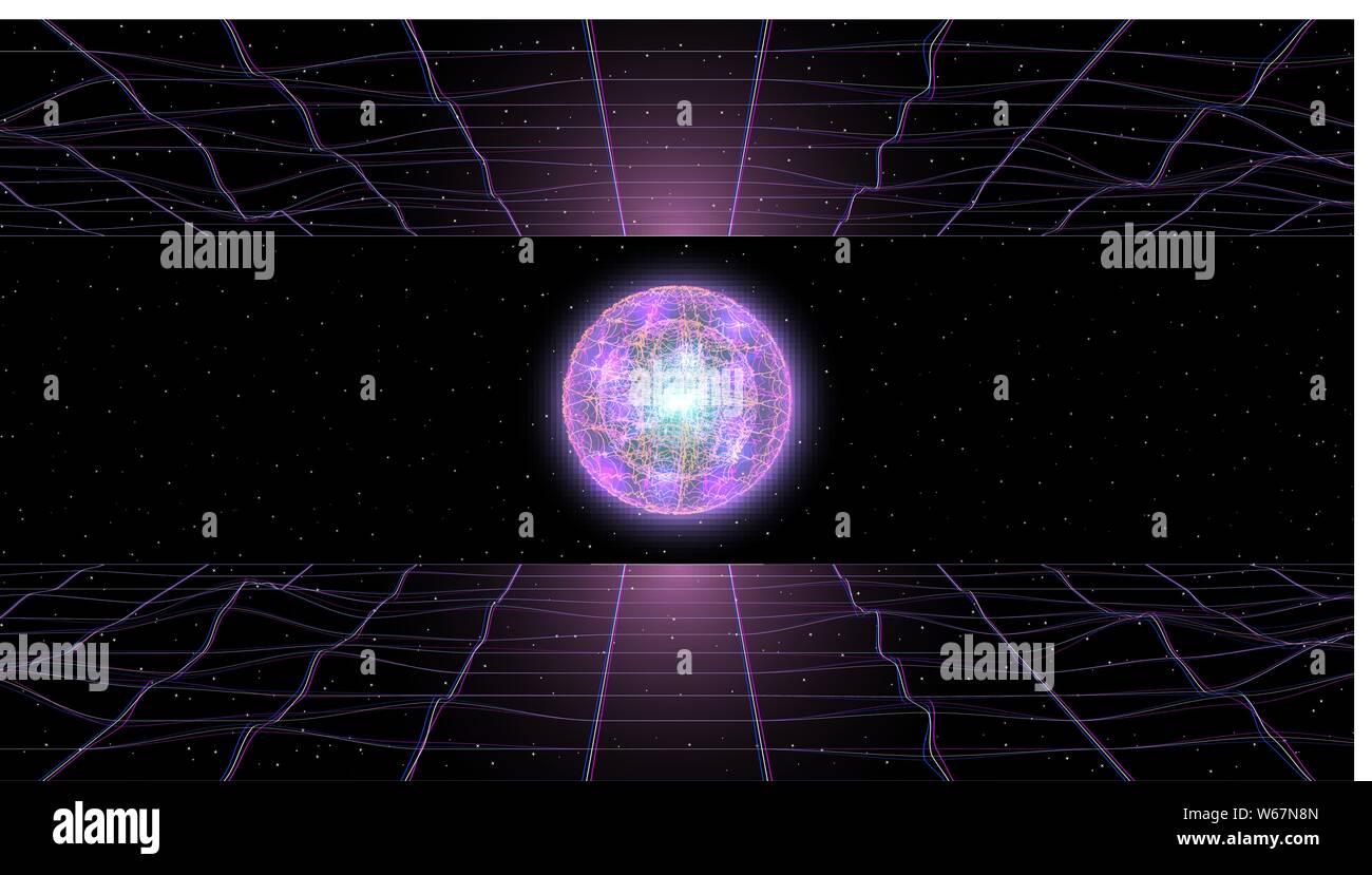 Retrowave synthwave vaporwave landscape in space between two laser ...