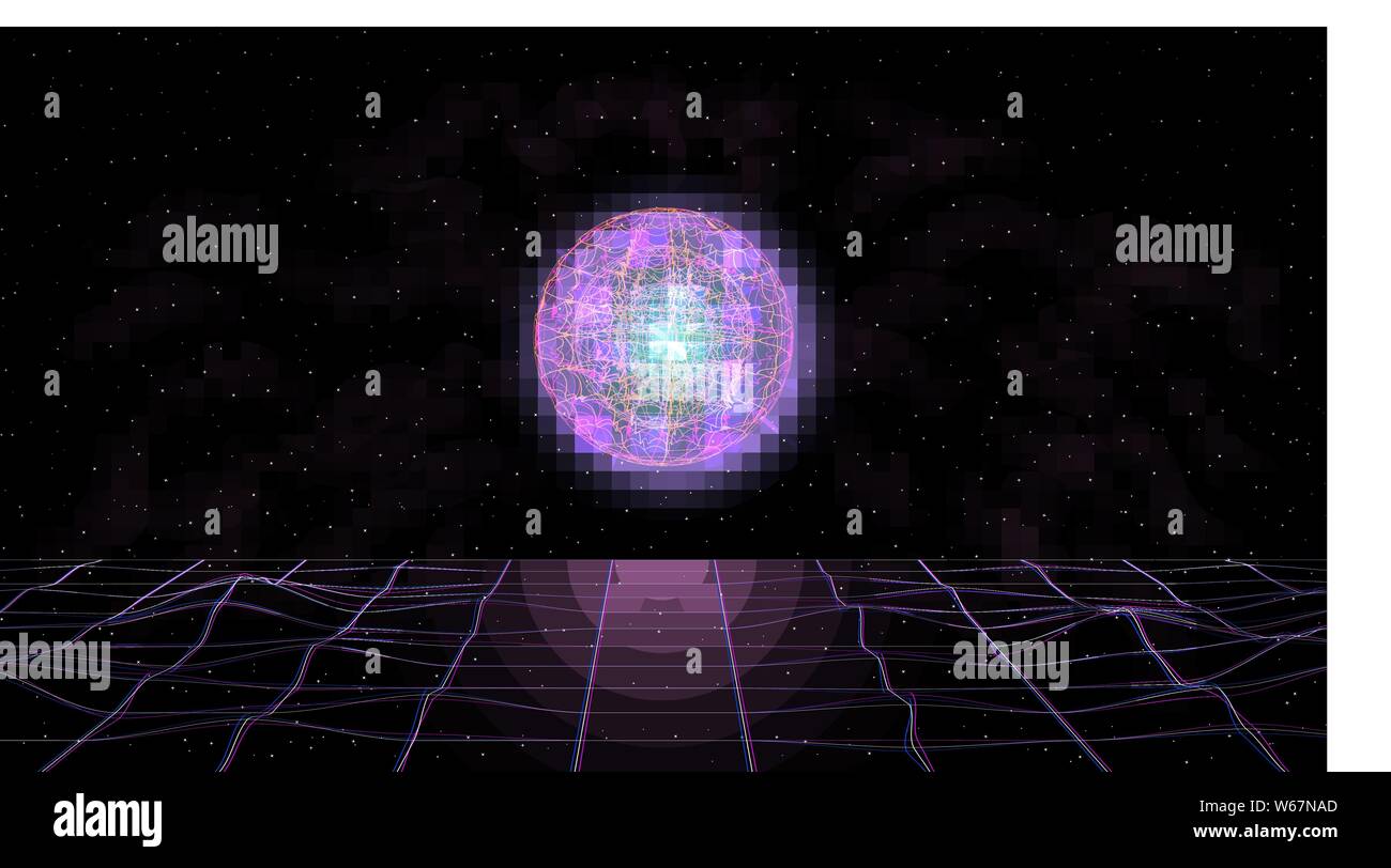 Retrowave synthwave vaporwave landscape in space with laser grid and ...