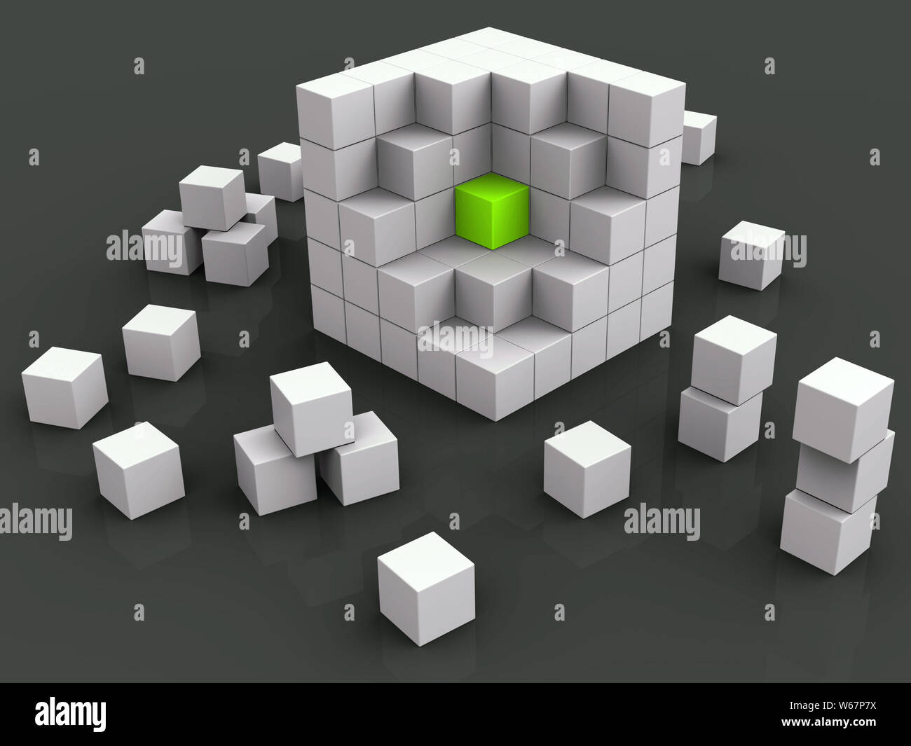 Alone in a crowd is shown by a solo cube amongst many others. Depicts ...