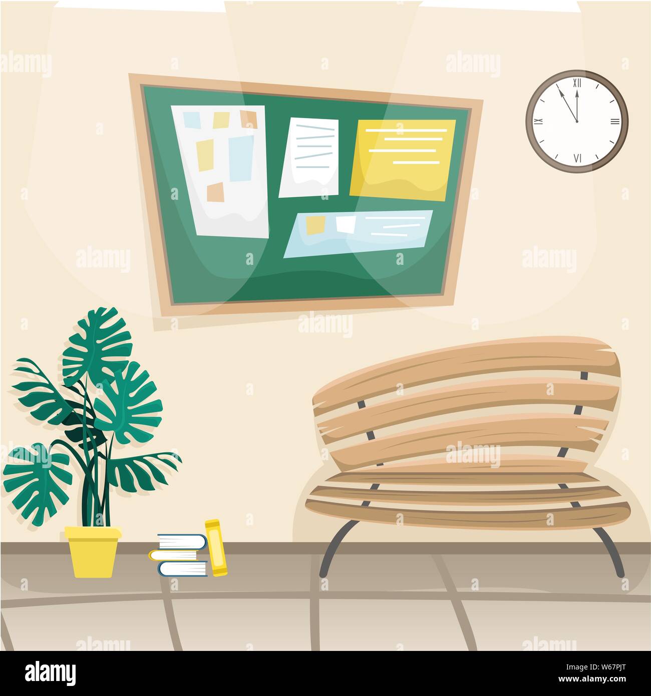 School hallway with a Bulletin Board, a bench and a decorative plant ...