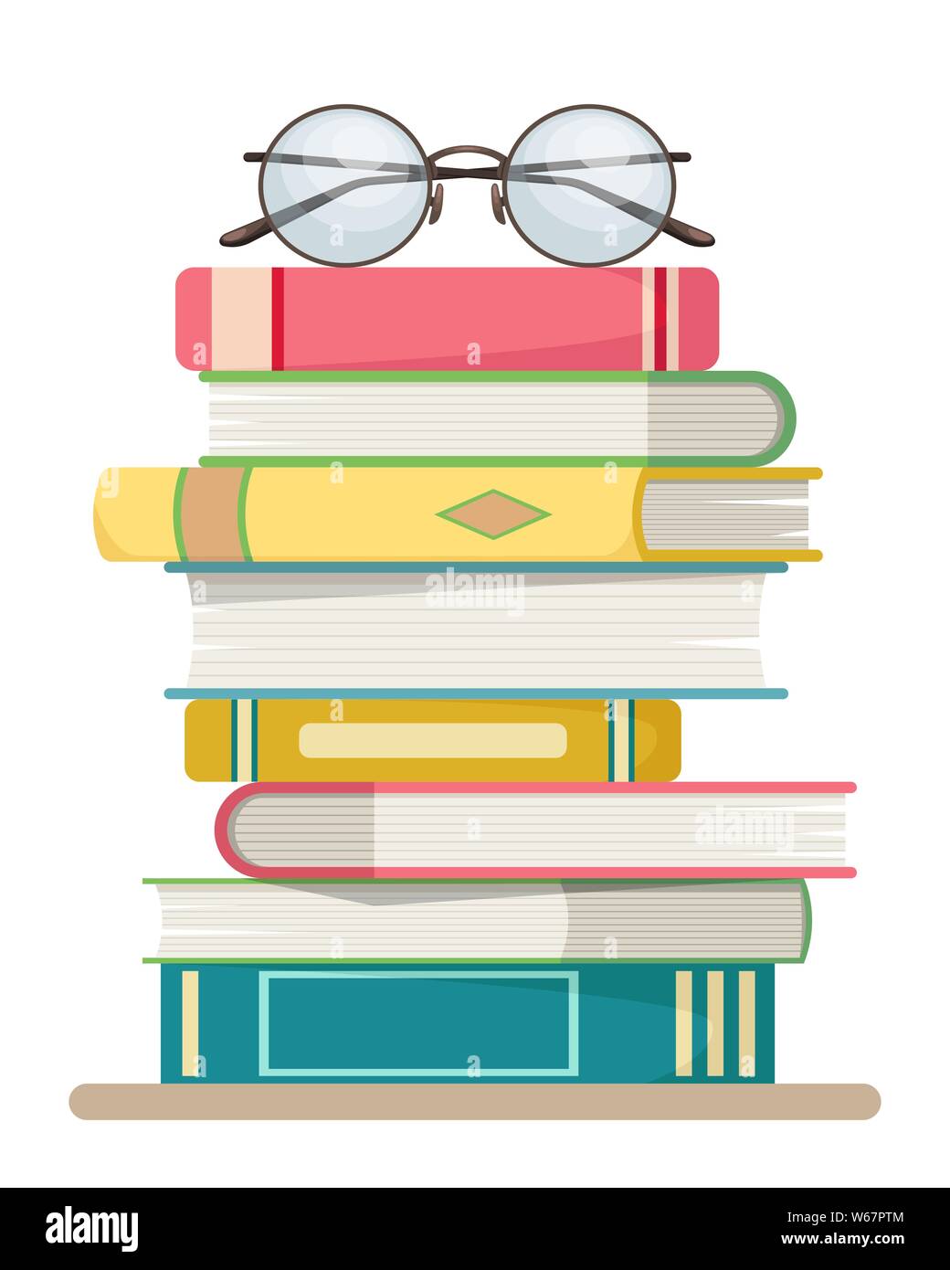 Stack Of Books With Glasses On The Top On A White Background Flat Design Style Vector