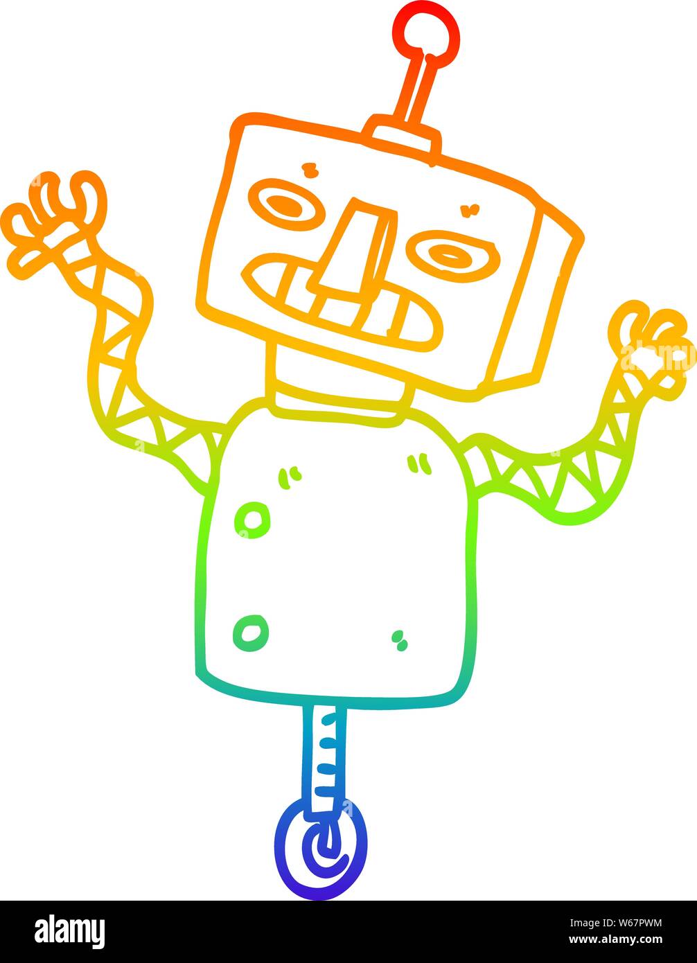 rainbow gradient line drawing of a cartoon robot on wheel Stock Vector ...