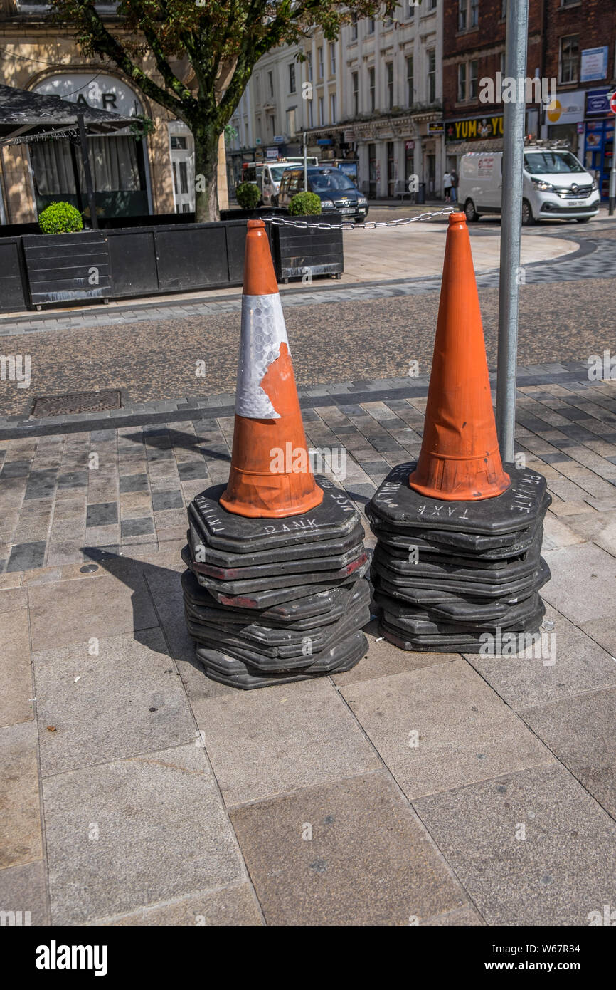 Roadside safety cones along the carriageway where roadworks are taking ...