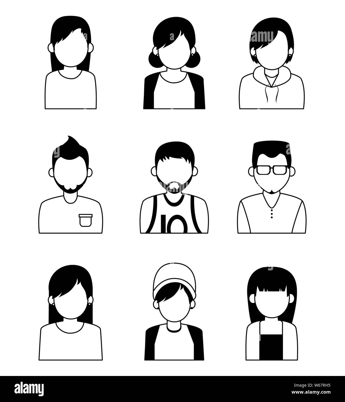 Set of people faceless characters icons in black and white Stock Vector ...