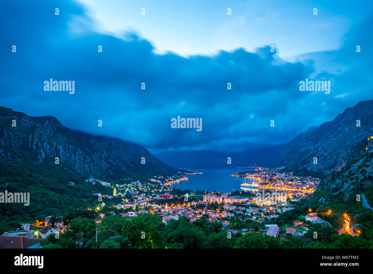 Monenegro, View above houses, streets and port of kotor bay city ...