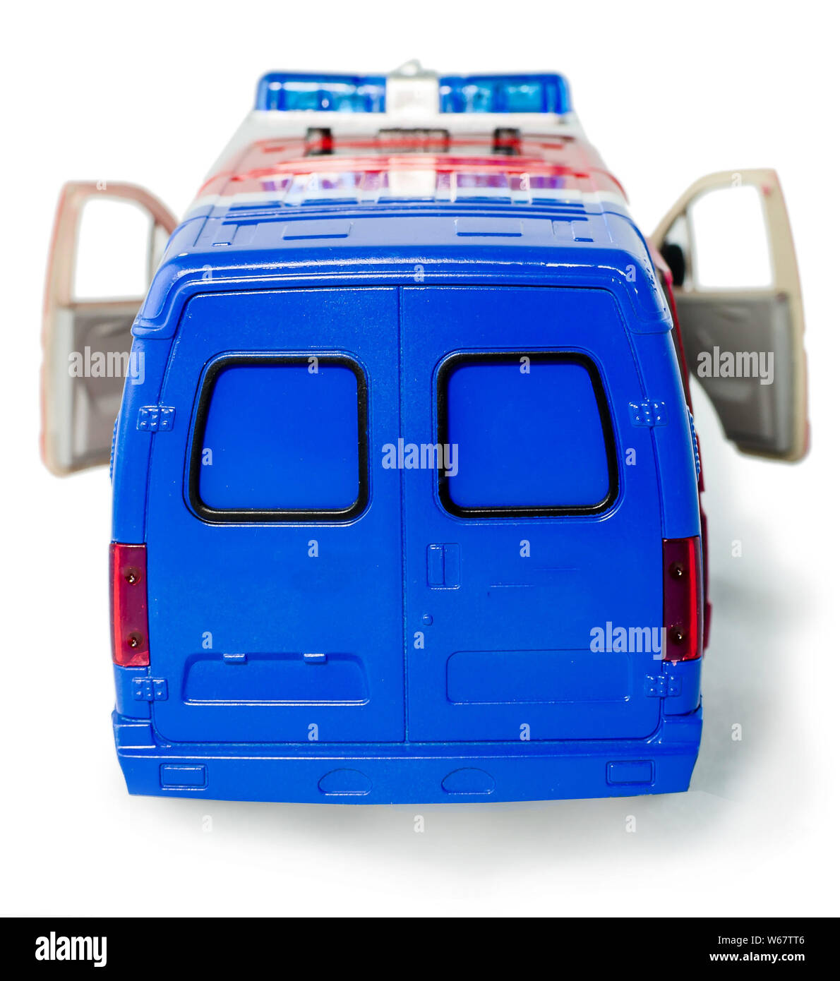 Toy police van with opened doors back view. Children's toy plastic ...