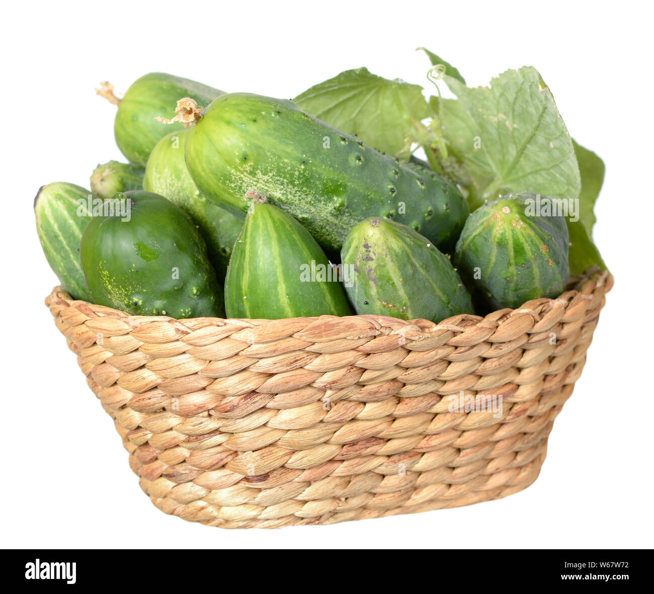 cucumbers in bamboo bucket isolated on white background Stock Photo - Alamy