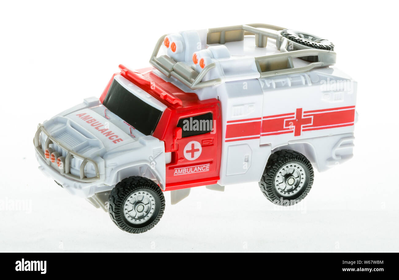 Ambulance child toy. Plastic emergency car children's toy isolated ...