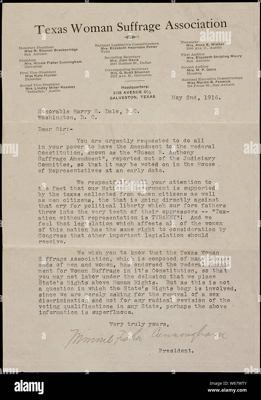 Petition from Minnie Fisher Cunningham of the Texas Woman Suffrage ...