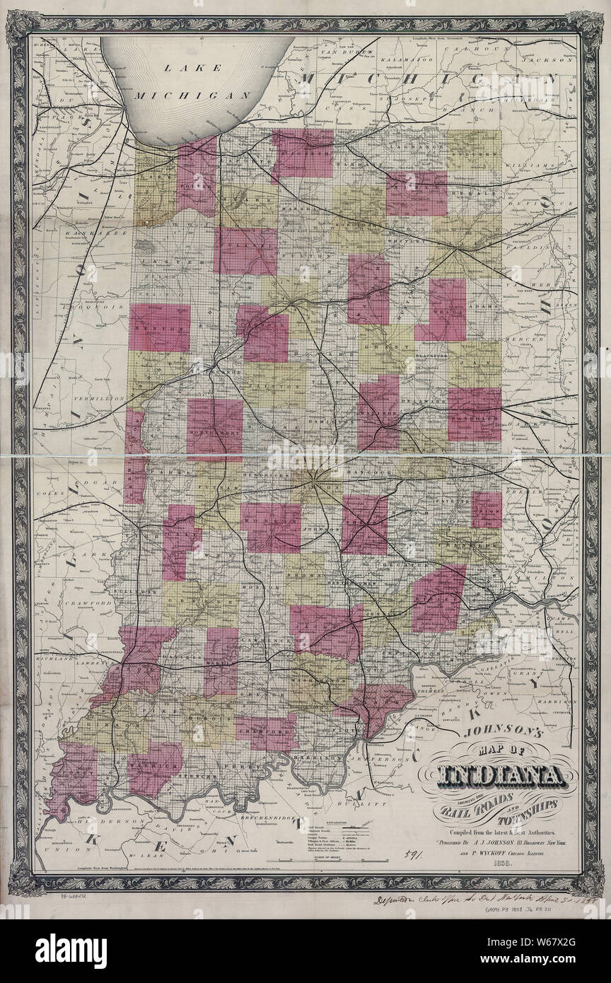 0111 Railroad Maps Johnson's map of Indiana showing the rail roads and ...