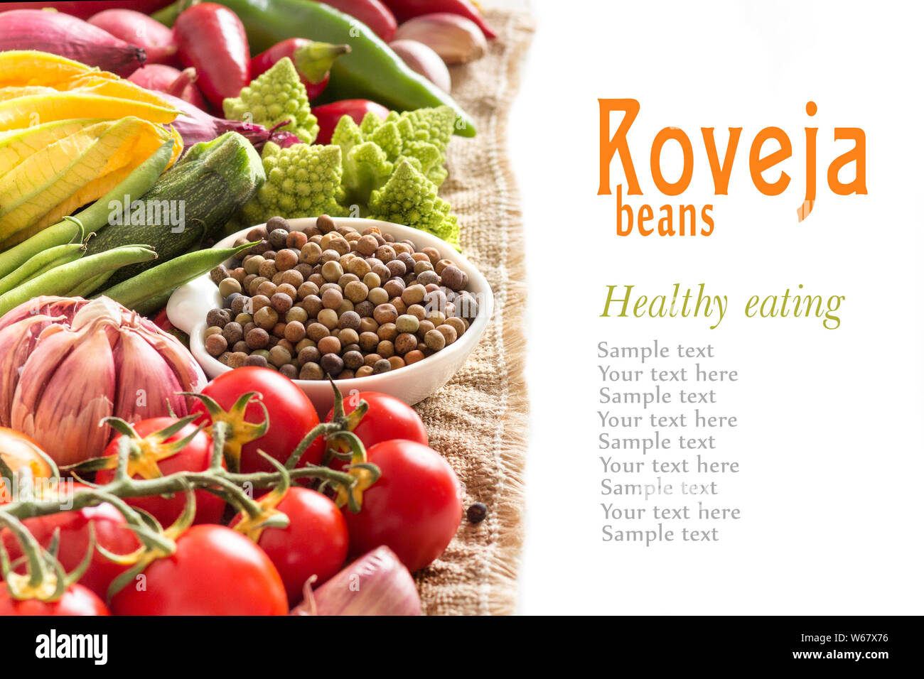 Raw organic roveja beans and vegetables isolated on white Stock Photo ...