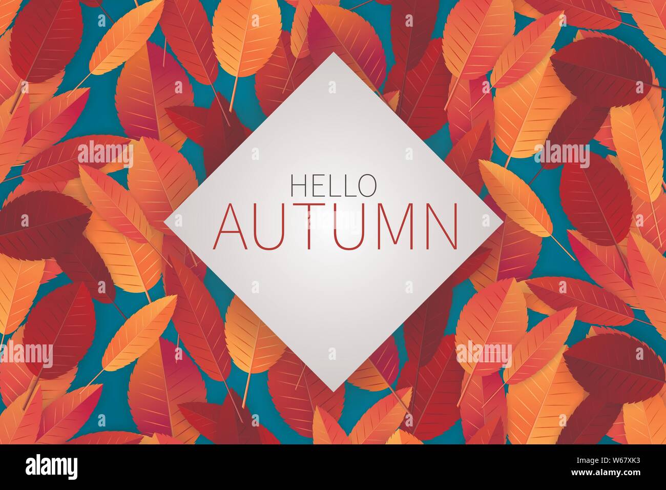 Hello autumn design template with red and orange leaves of the ...