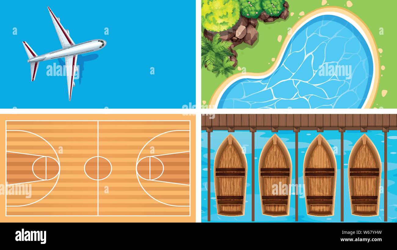 Set of top view aerial scenes in nature and outdoors illustration Stock ...