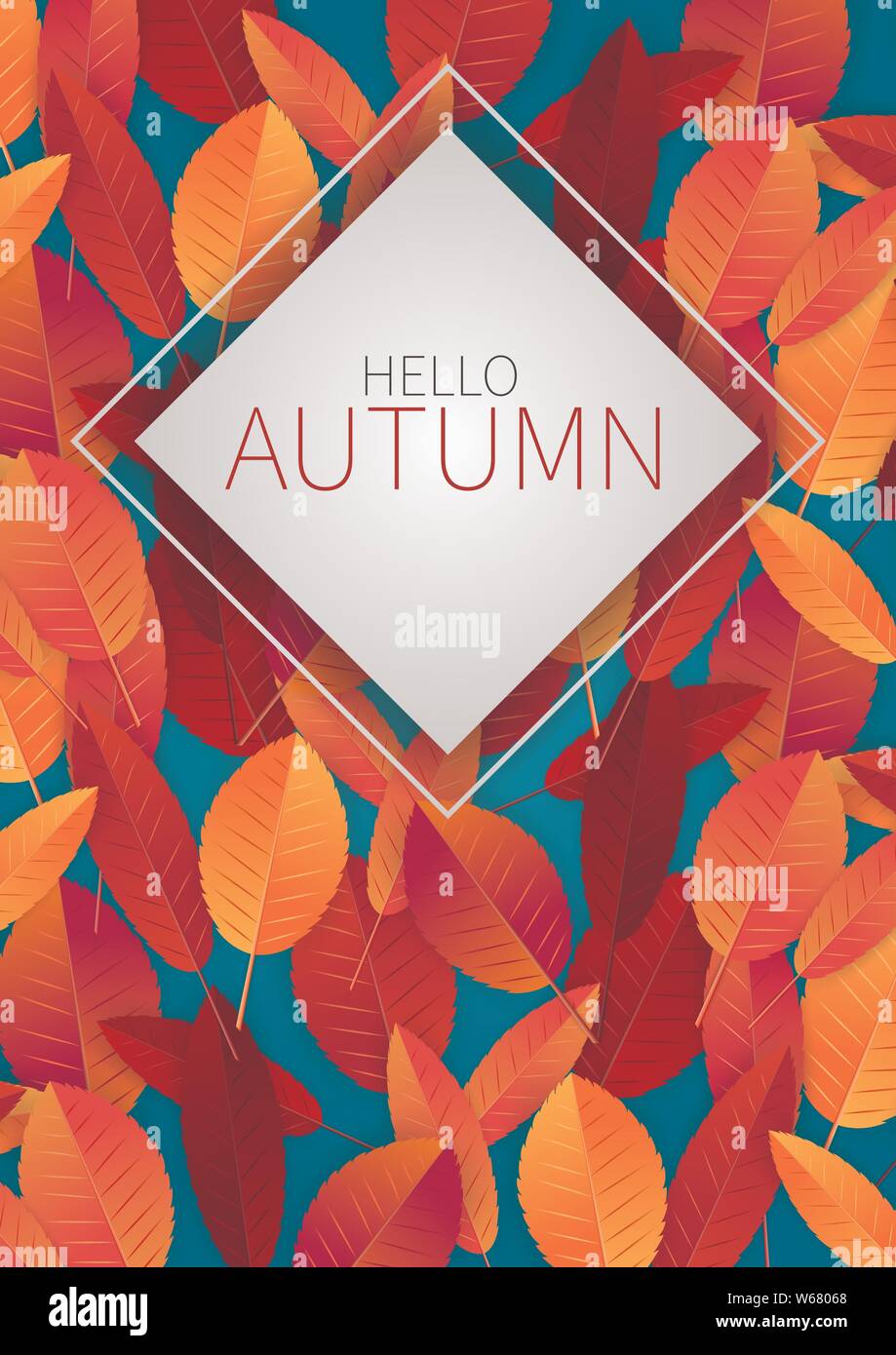 Hello autumn flyer or brochure template with red and orange leaves ...