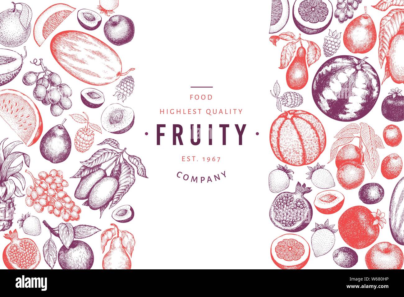 Fruits and berries design template. Hand drawn vector tropic fruits ...